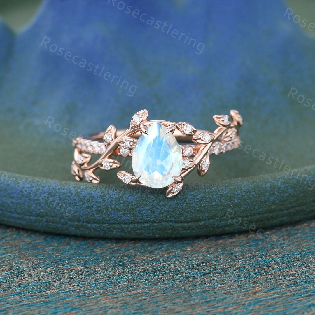 Pear Moonstone Engagement Ring Rose Gold Moissanite Ring Art - Etsy