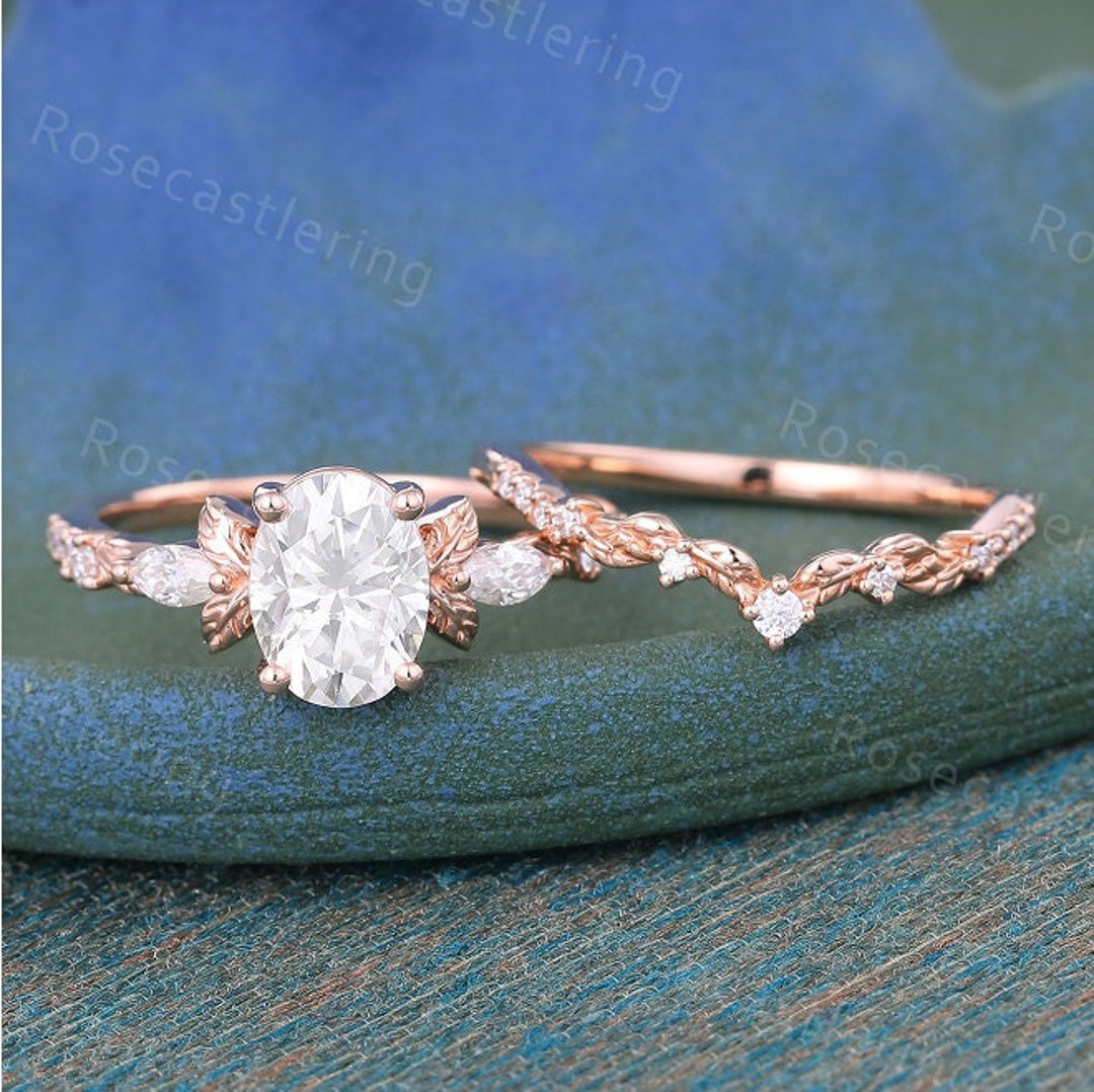 Oval Moissanite Engagement Ring Set Rose Gold Moissanite Ring - Etsy