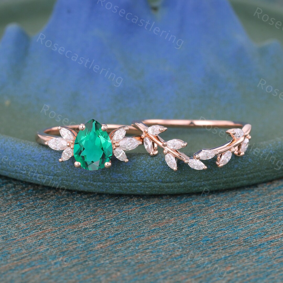 Pear Emerald Engagement Ring Set Rose Gold Ring Set Marquise - Etsy