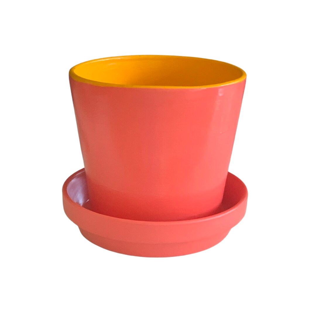 5” Coral & Saffron Planter Set // Ceramic Pot W/drainage // Plant Gifts ...