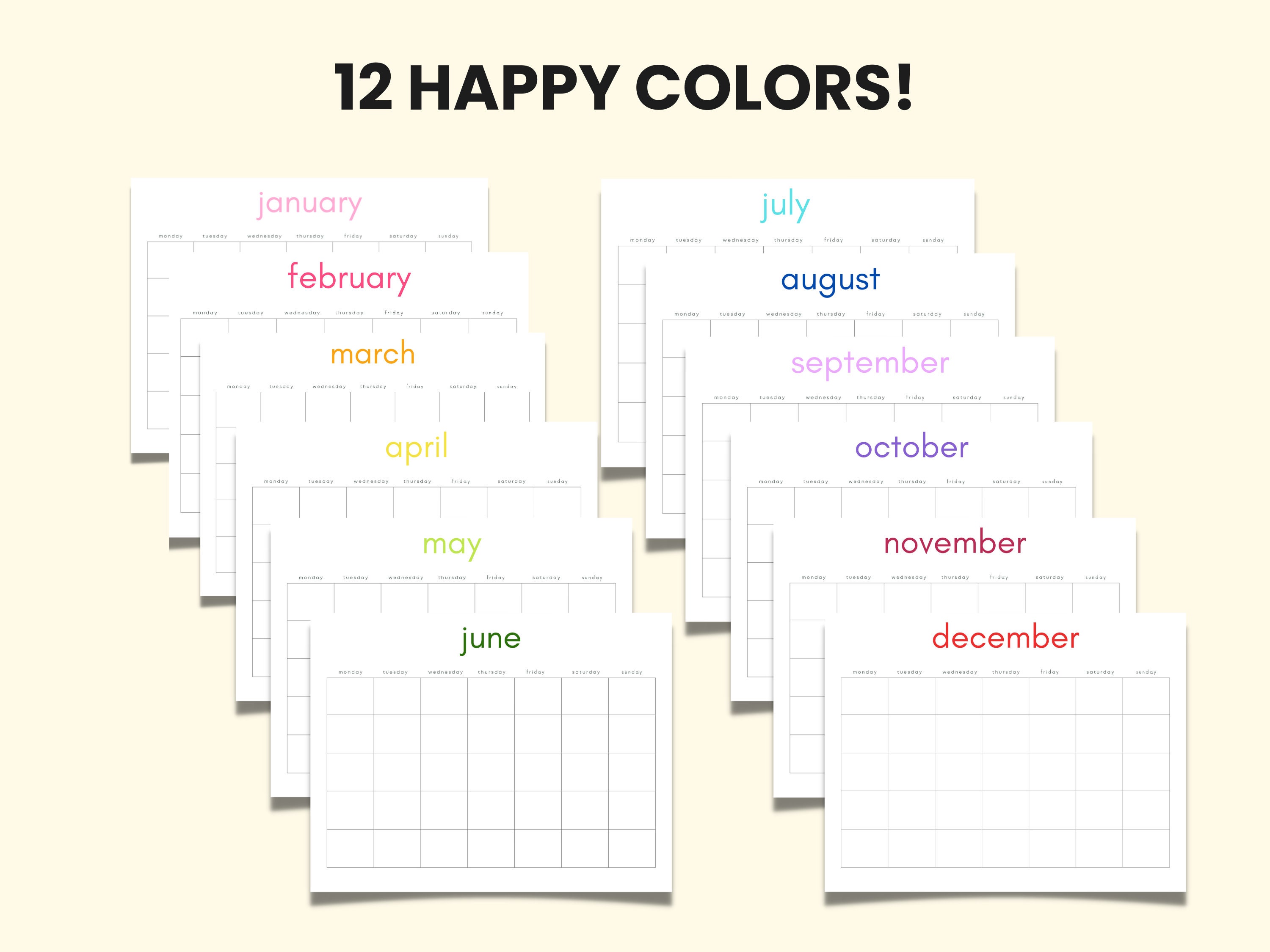 Undated Monthly Calendar - Color | Printable PDF | Digital Calendar ...