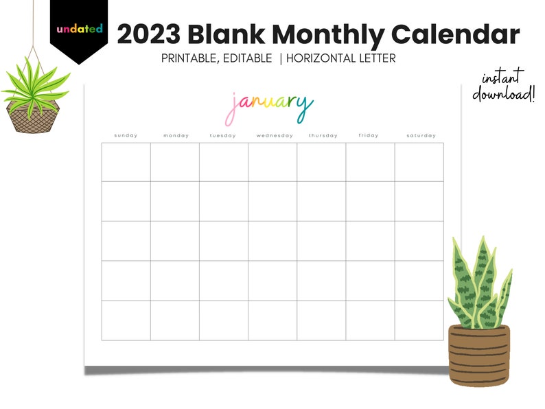 Undated Monthly Calendar -- Rainbow | Editable, Printable PDF | Digital ...