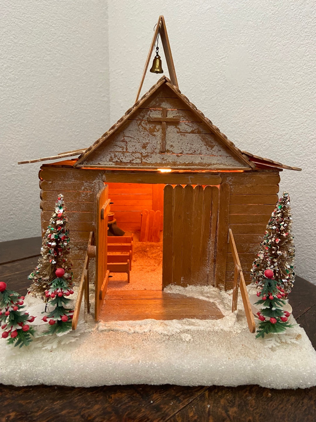 Vintage Americana Lighted Christmas Folk Art Church Made of Popsicle ...