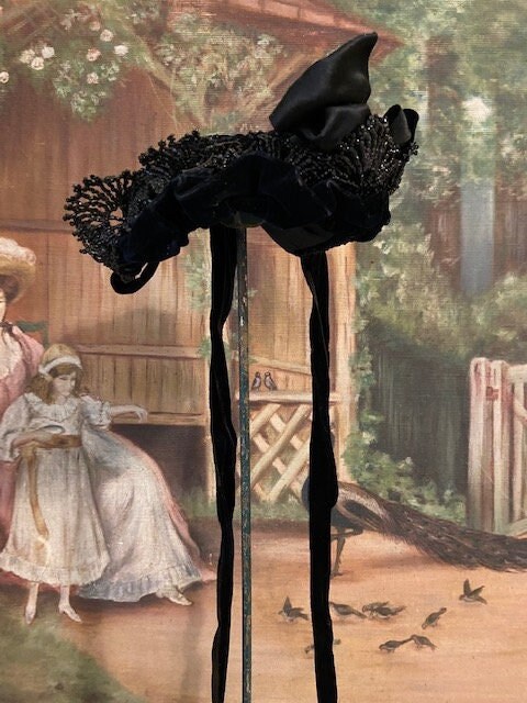 Antique Victorian Black Velvet Silk Beaded Bonnet - Etsy