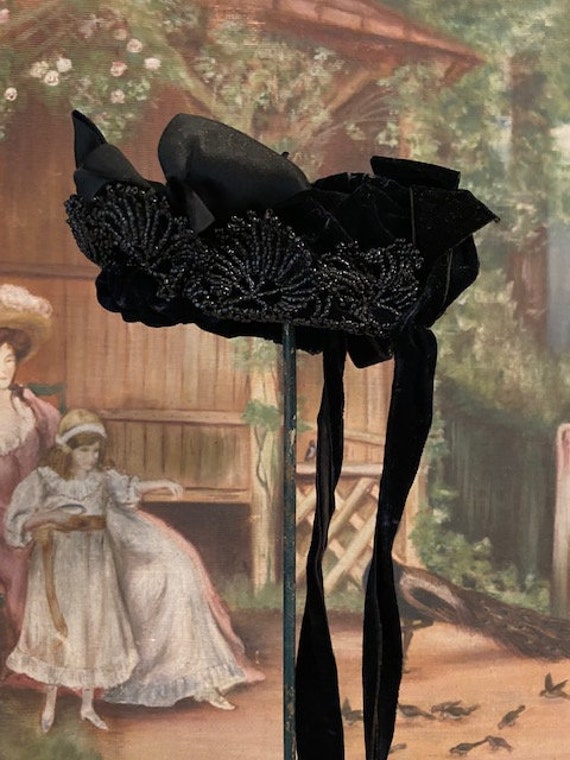 Antique Victorian Black Velvet Silk Beaded Bonnet - Etsy