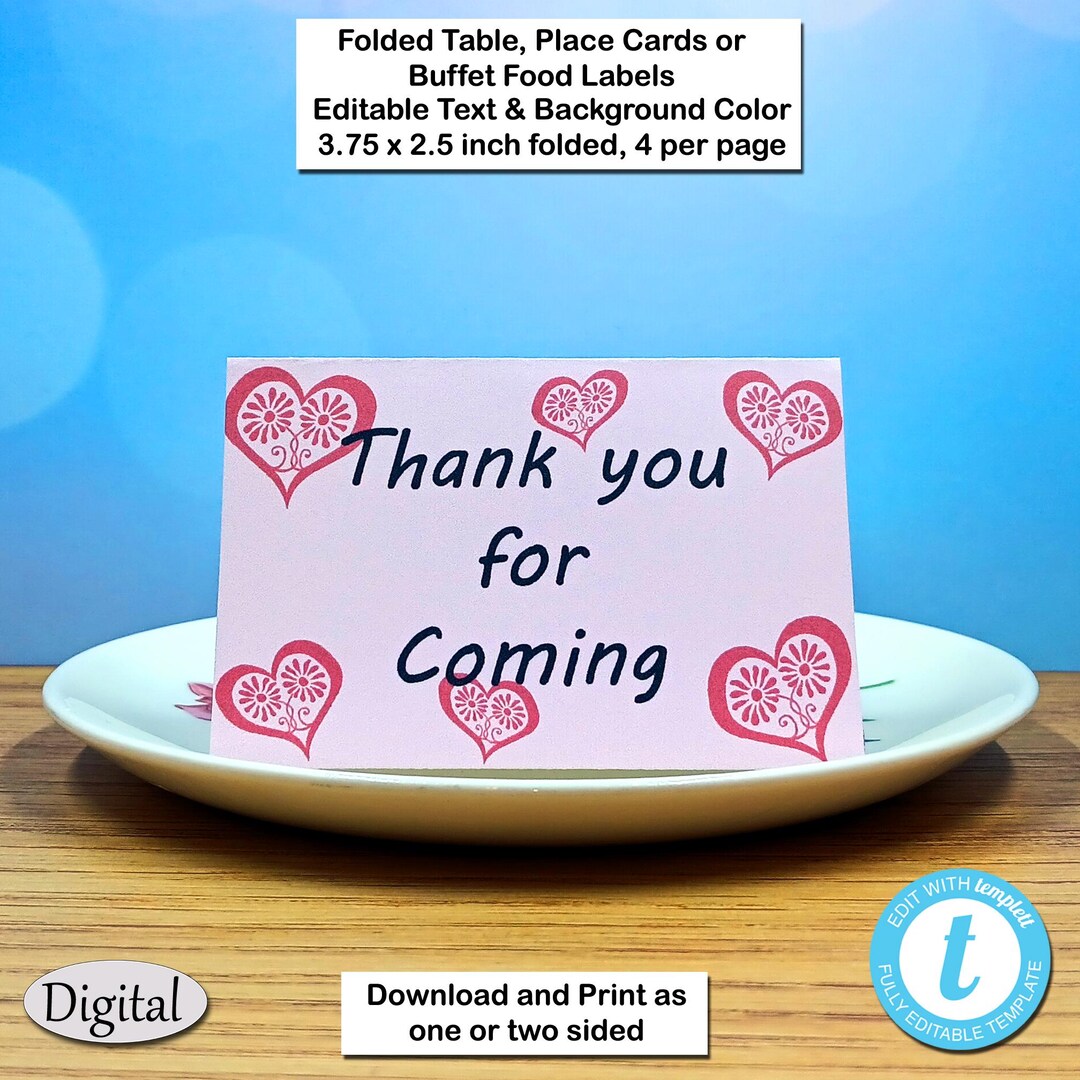 Place, Food, Table Cards - 3.75 X 2.5 Inch Folded, Red Heart Design ...