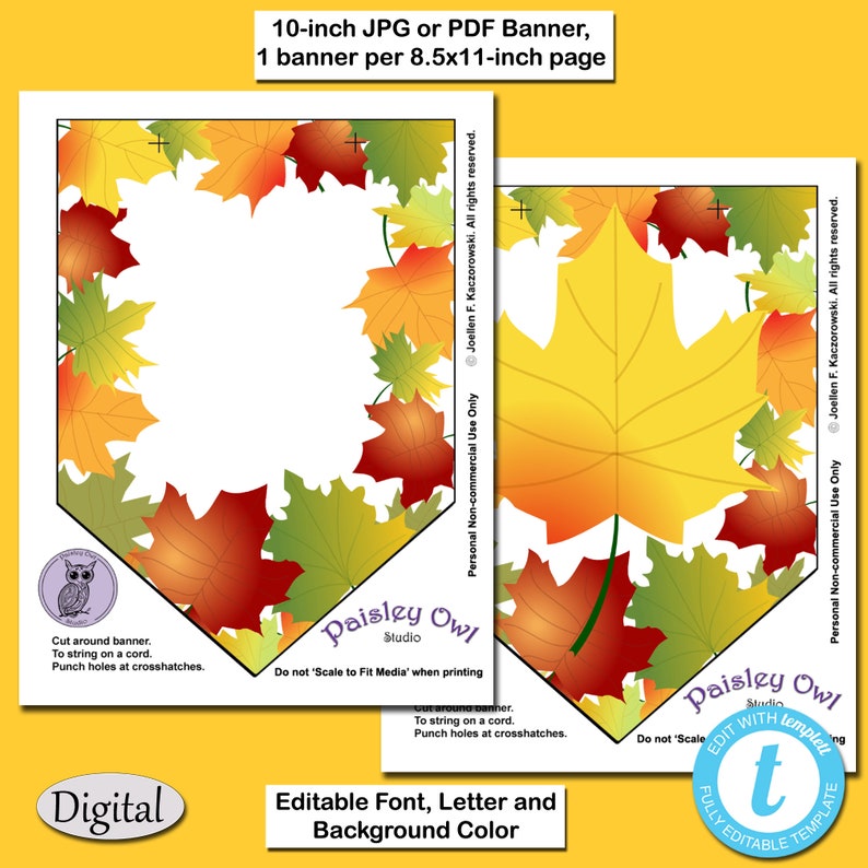 10-inch Editable Banner, Autumn Leaves Custom Bunting or Pennant ...