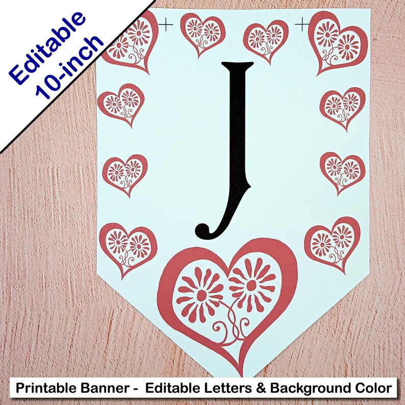 10-inch Editable Banner, Red Floral Heart Custom Bunting or Pennant ...