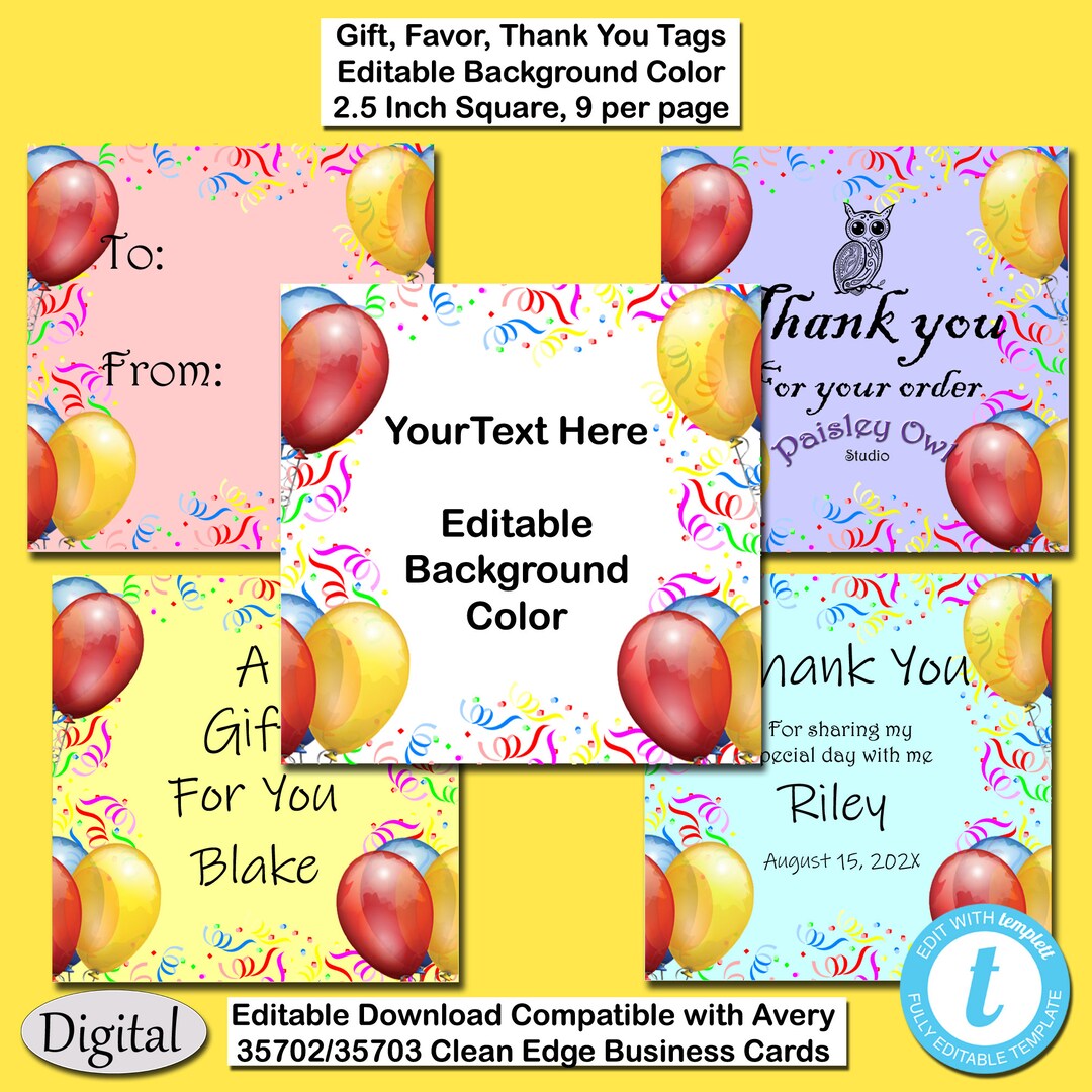 Gift Favor Tags, Thank You Enclosure Labels. 2.5-inch Square Balloon ...