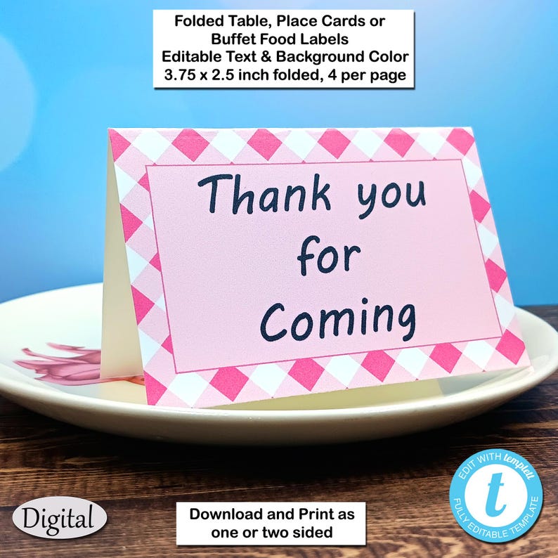 Place, Food, Table Cards - 3.75 X 2.5 Inch Folded, Pink Gingham Design ...