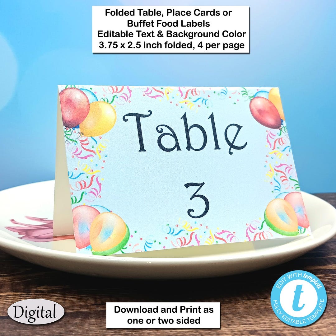 Place, Food, Table Cards - 3.75 X 2.5 Inch Folded, Confetti Balloon ...