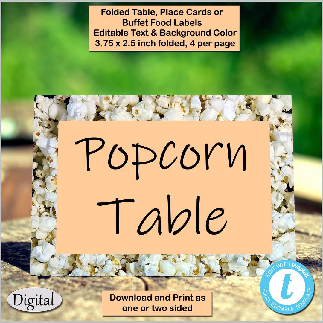 Place, Food, Table Cards - 3.75 X 2.5 Inch Folded, Movie Popcorn Design ...