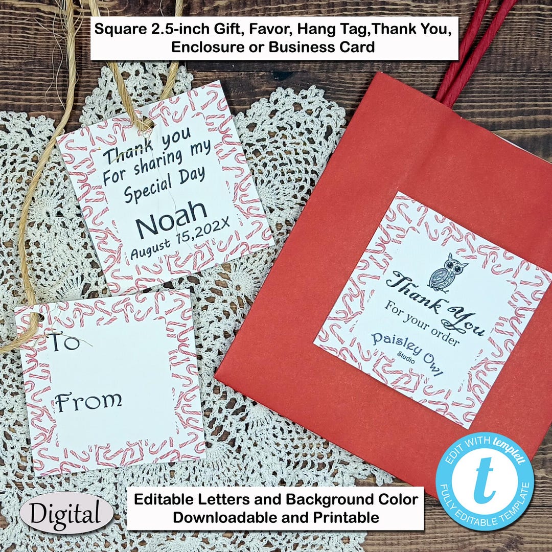 Gift Favor Tags, Thank You Enclosure Labels. 2.5-inch Square Candy Cane ...