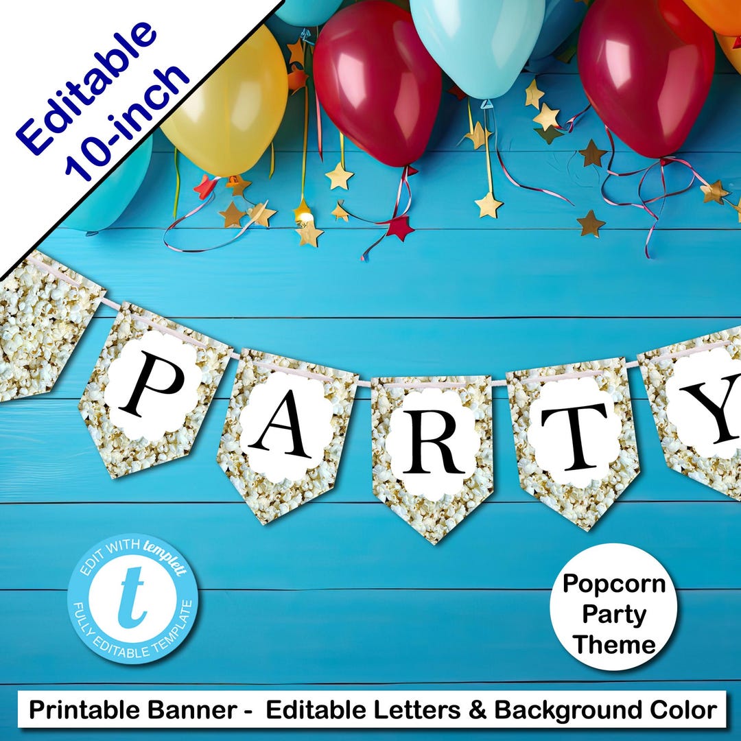 10-inch Editable Banner, Popcorn Custom Bunting or Pennant, Printable ...