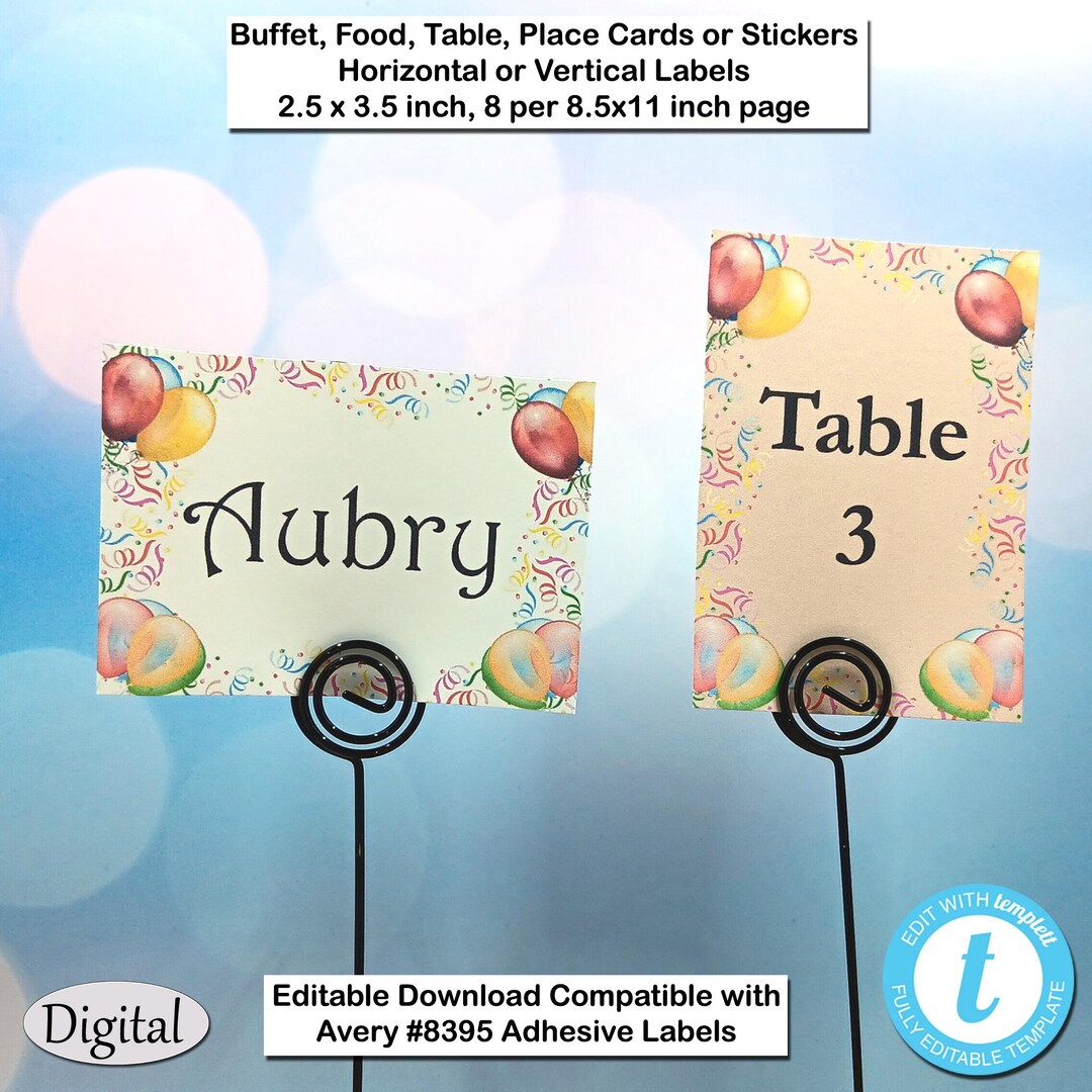 Food, Place, Table Cards 2.5 X 3.5 Inch. Balloon Confetti Design ...