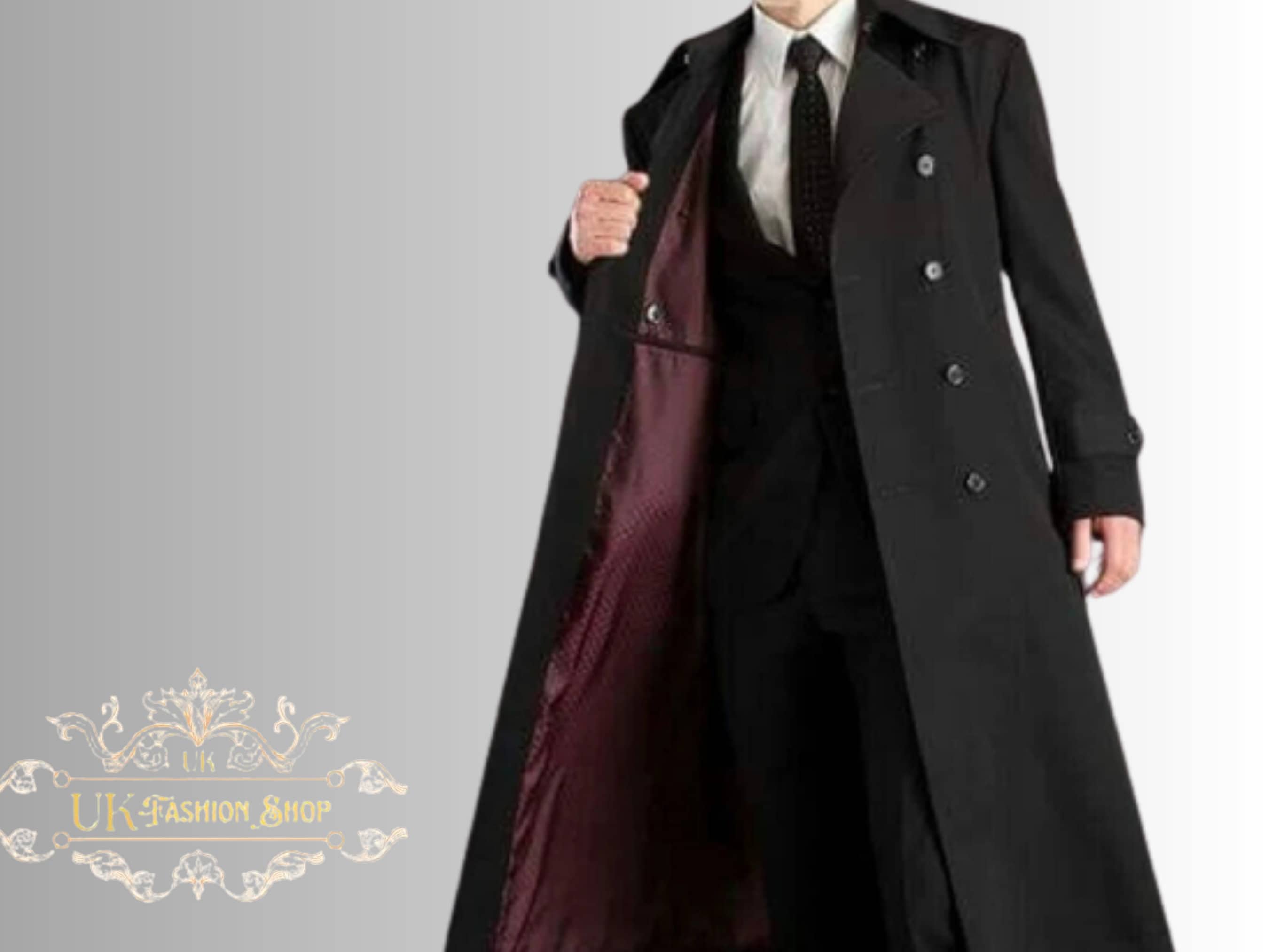 Men's Black Trench Coat, Vintage Long Trench Coat Men Black Overcoat ...