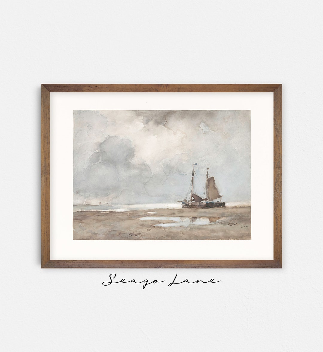 Muted Ocean Shore Nautical Landscape | Vintage Wall Art Digital ...