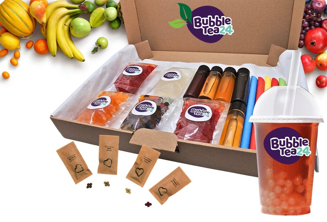 Fruity DIY Bubble Tea Home Kit Mit 5 Sorten Popping Boba & Sirup Organic Tea Geschenkbox Für 5 ...
