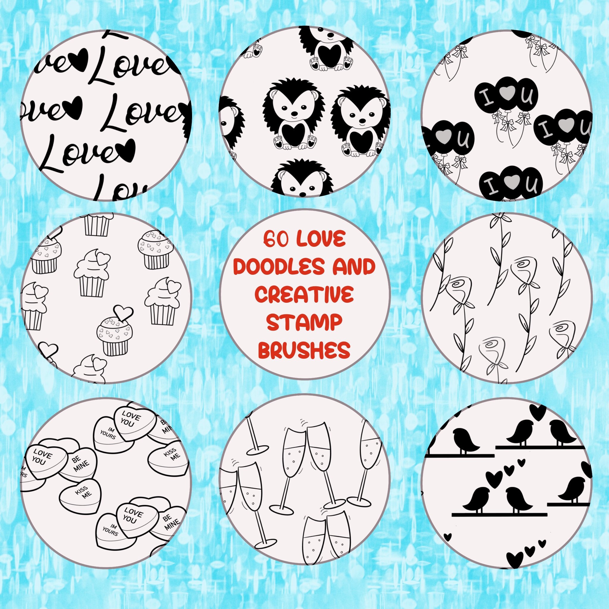 60 Hand Drawn Love Theme Stamp Procreate Brushes and 3 Colour - Etsy