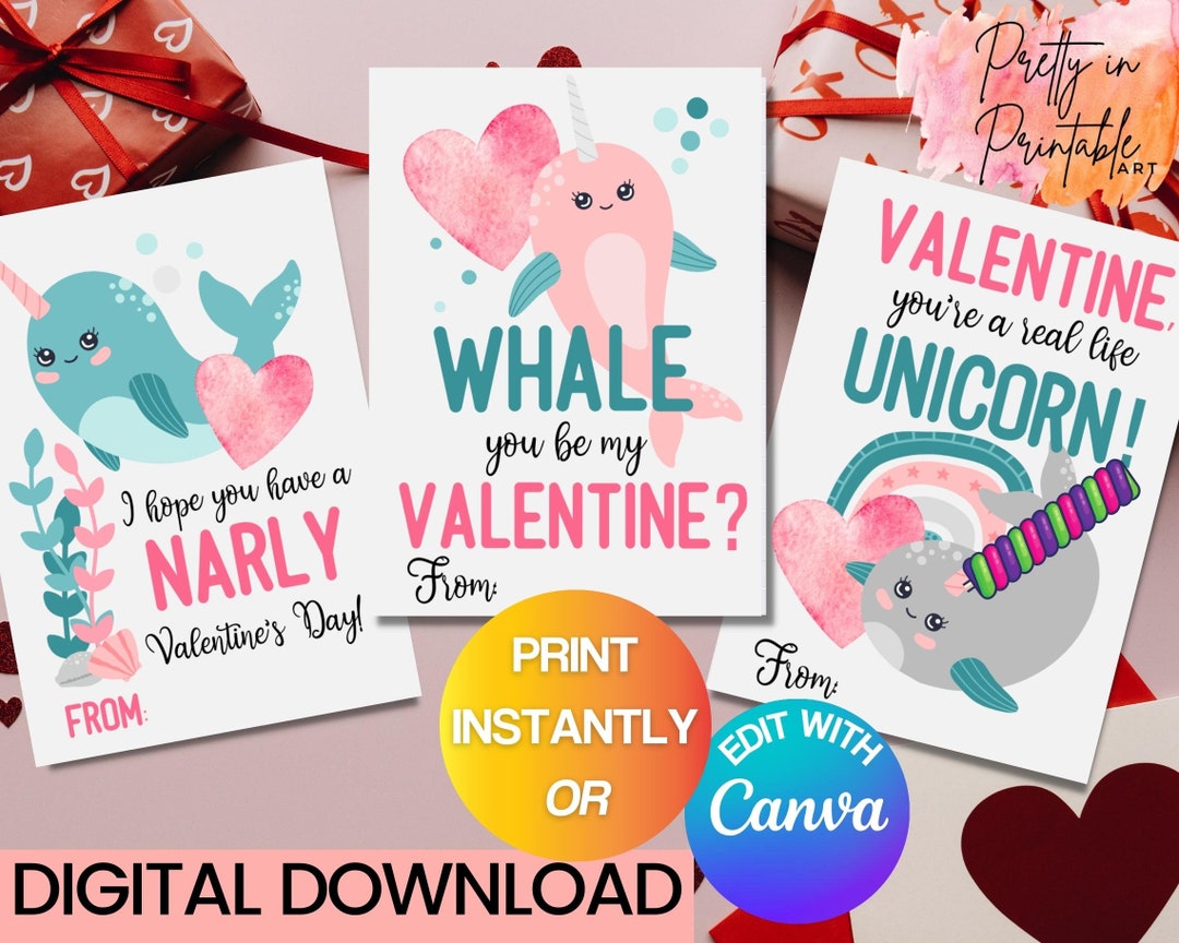 Narwhal Valentine, Printable Valentine, Kids Valentine, School ...