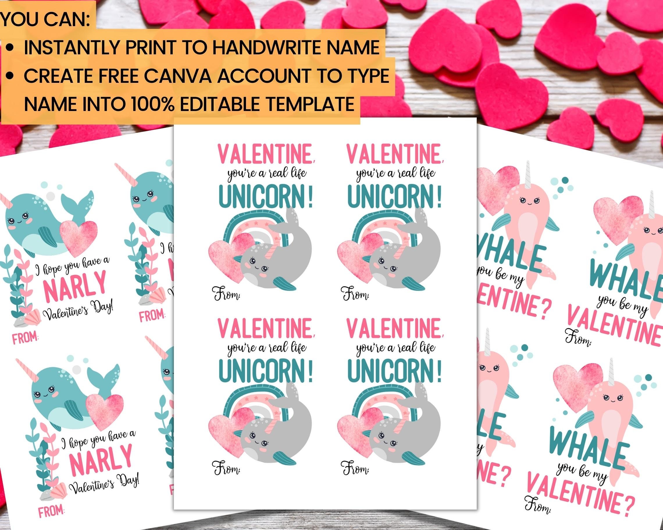 Narwhal Valentine, Printable Valentine, Kids Valentine, School ...