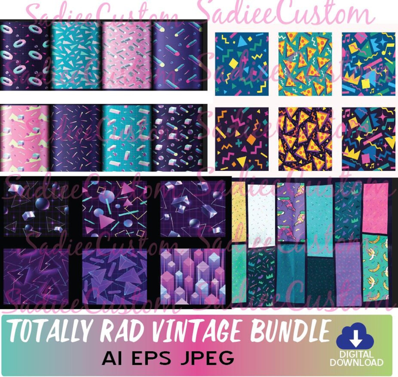 Totally Rad Vintage Graphic Bundle,seamless 90's 80's Patterns,retro ...