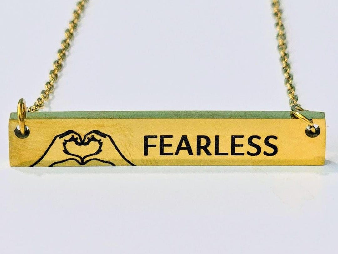 Hand-heart FEARLESS Laser-engraved Medium Horizontal Bar Necklace, Gift ...