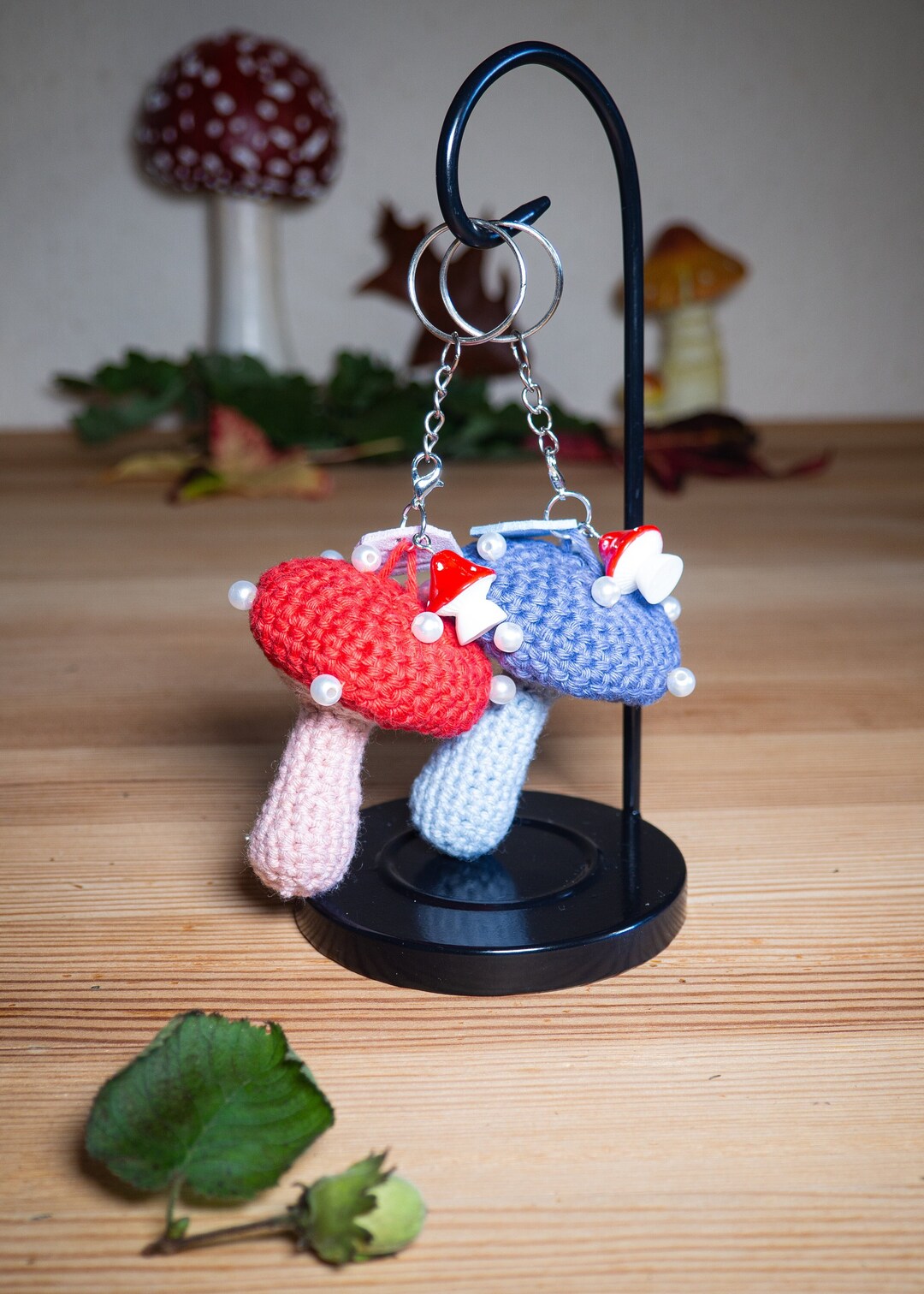 Crocheted Mushroom Toadstool Keychain Handmade in Devon UK Autumnal Whimsical Gifts Crochet ...