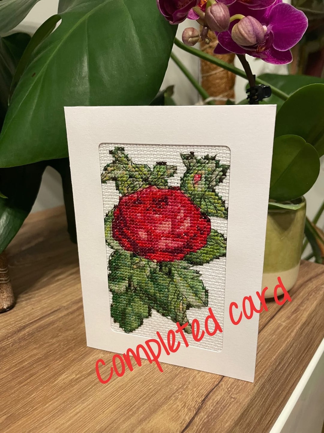 Completed Cross Stitch Card Red Rose - Etsy