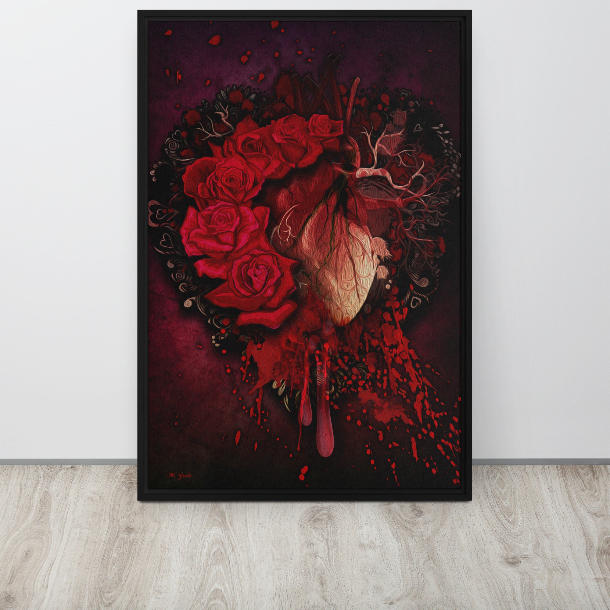 Bleeding Heart With Red Roses, Canvas Art Print, Framed, Hand-drawn ...