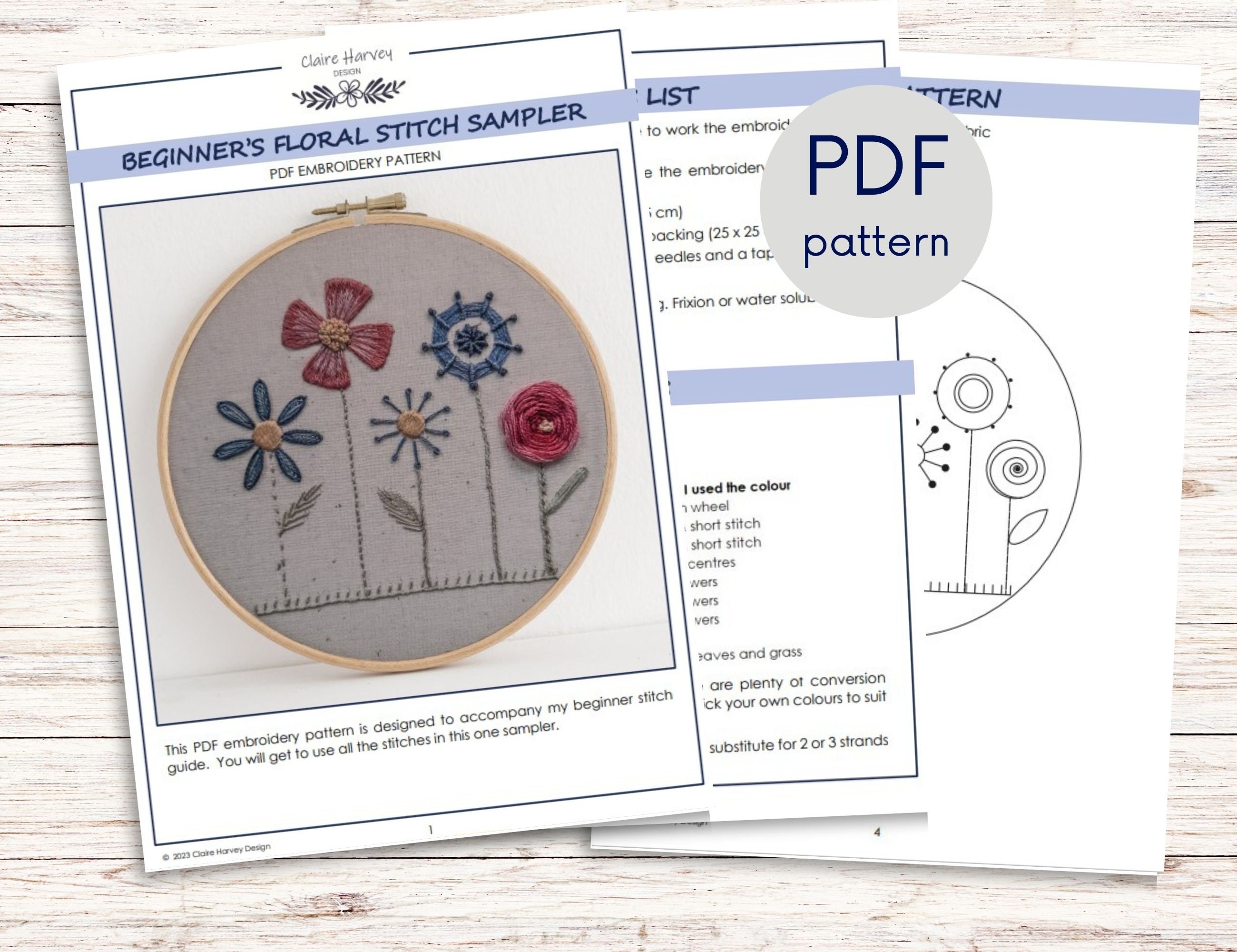 Floral Hand Embroidery Stitch Sampler PDF Pattern, Stitch Guide ...