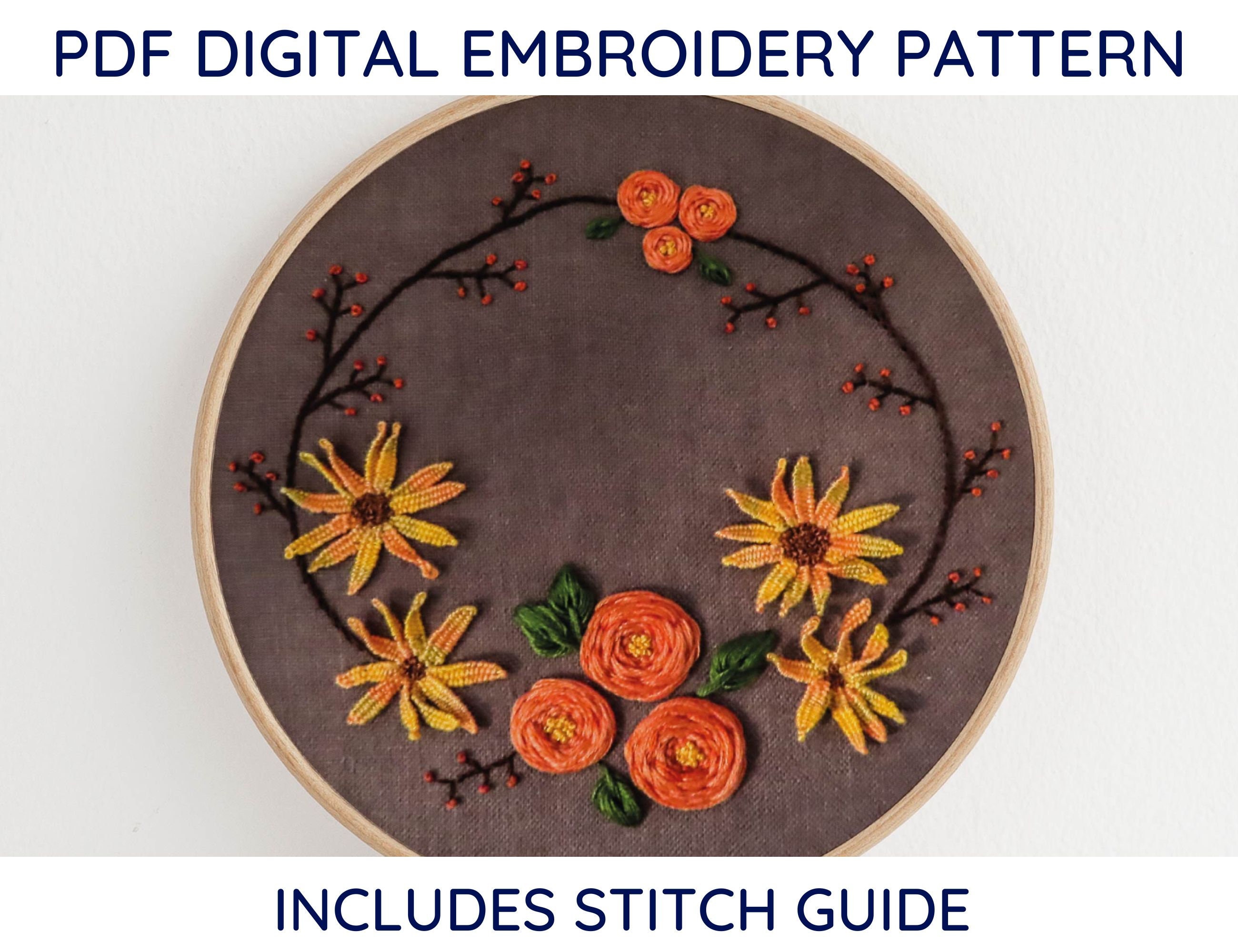 Autumn Floral Wreath Embroidery Pattern and Instructions, PDF Instant ...