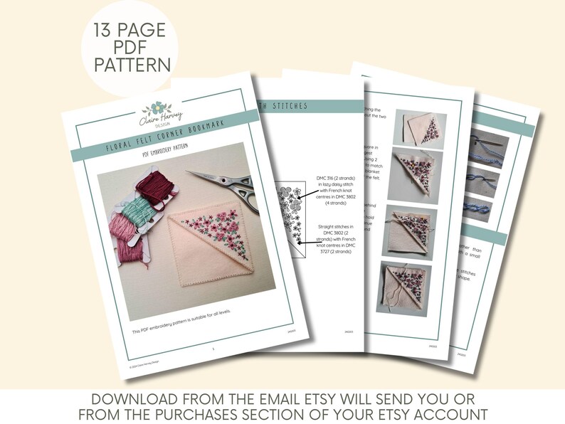 Floral Embroidered Felt Corner Bookmark Pattern, PDF Digital Download ...