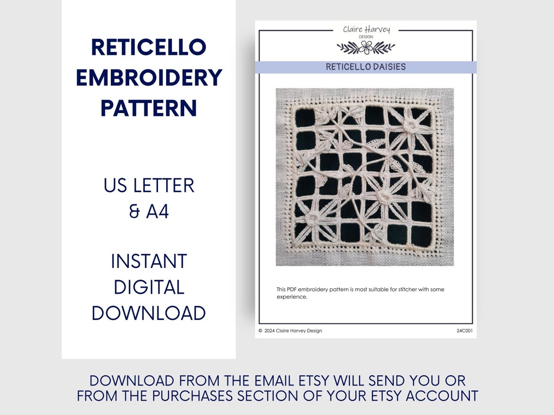 Reticello Floral Daisy Embroidery Pattern With Full Instructions ...