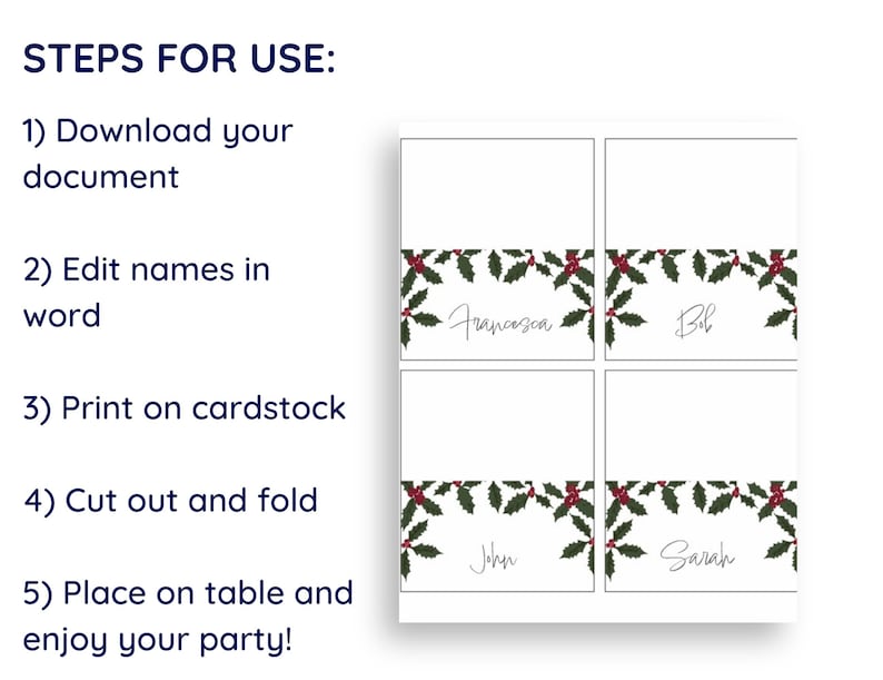 Printable Christmas Place Cards Editable in MS Word or Print Blank ...