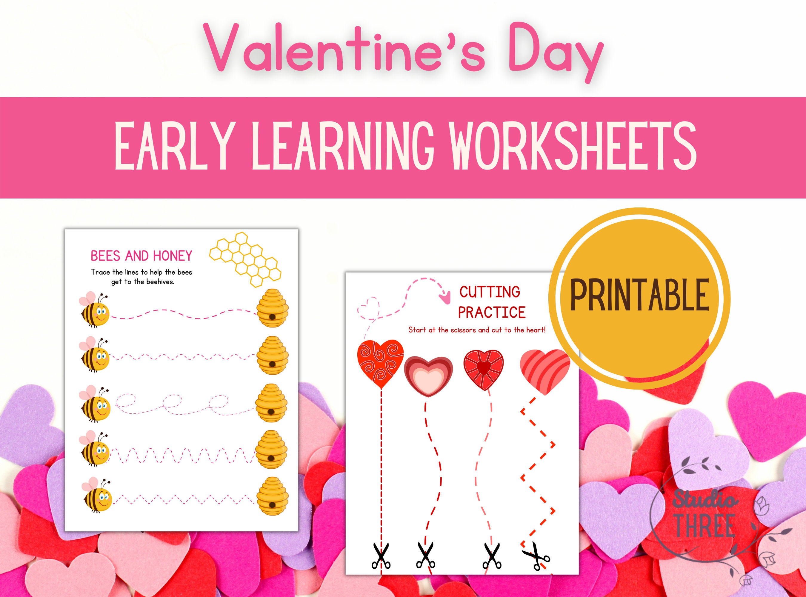 Valentine's Day Early Learning Worksheets - Tracing - Cutting ...