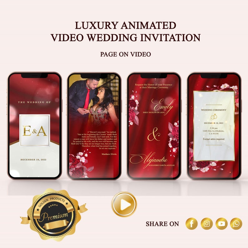 Multi-page Red Romance Gold Wedding Video Invitation, Save the Date ...