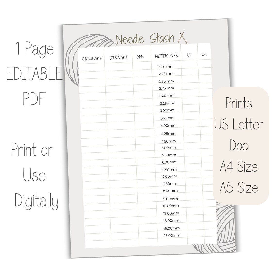 Knitting Needle Inventory Printable and Fillable PDF- Downloadable ...