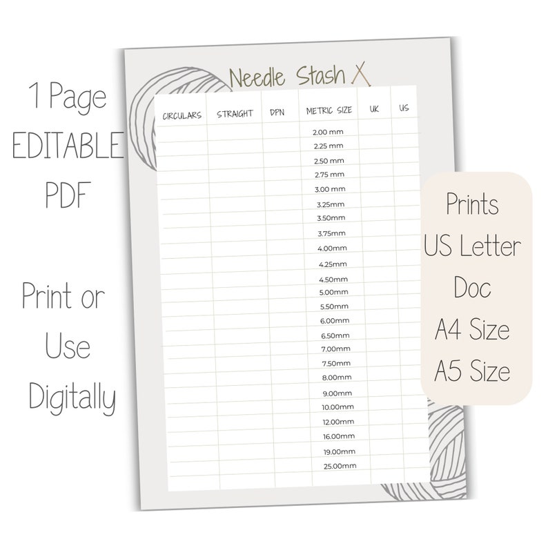 Knitting Needle Inventory Printable and Fillable PDF- Downloadable ...