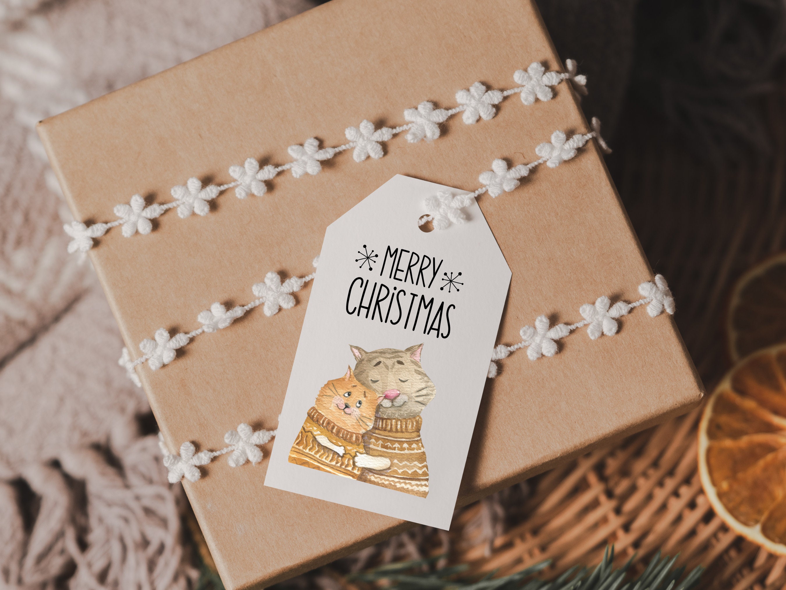 Printable Christmas Tag Printable Watercolor Christmas Label Cute Cats ...