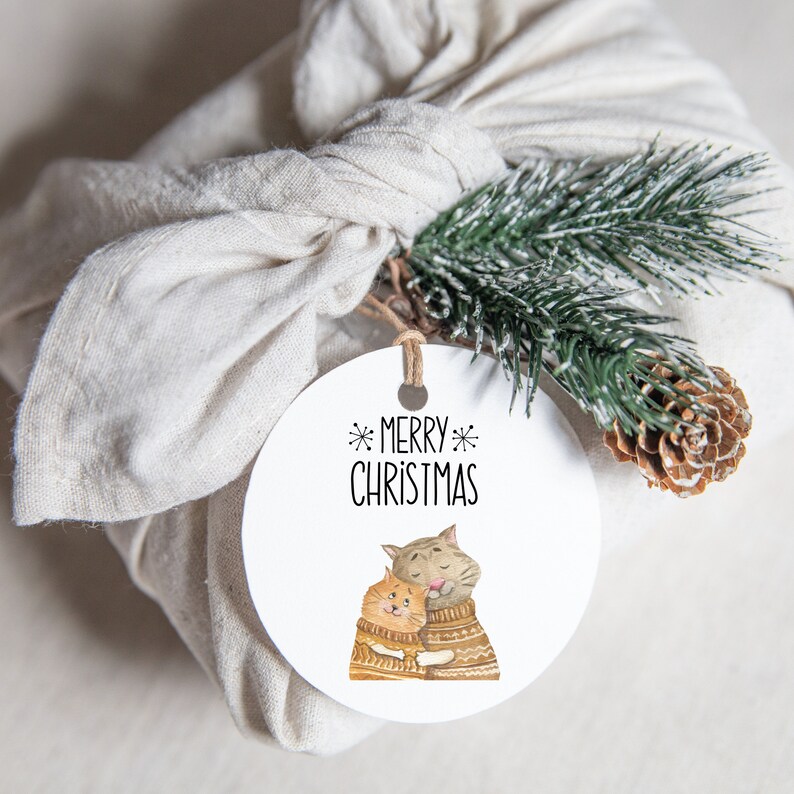 Printable Christmas Tag Printable Watercolor Christmas Label Cute Cats ...