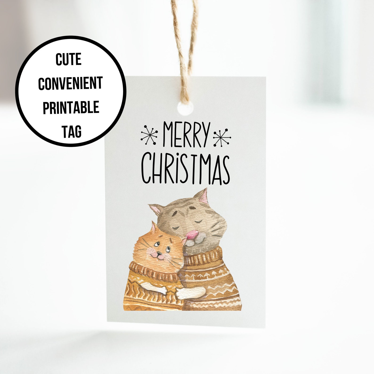 Printable Christmas Tag Printable Watercolor Christmas Label Cute Cats ...