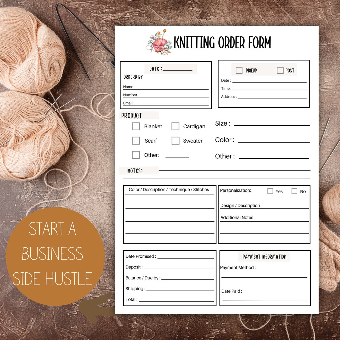 KNITTING ORDER Form Printable Knitting Business Order Form Knitting ...