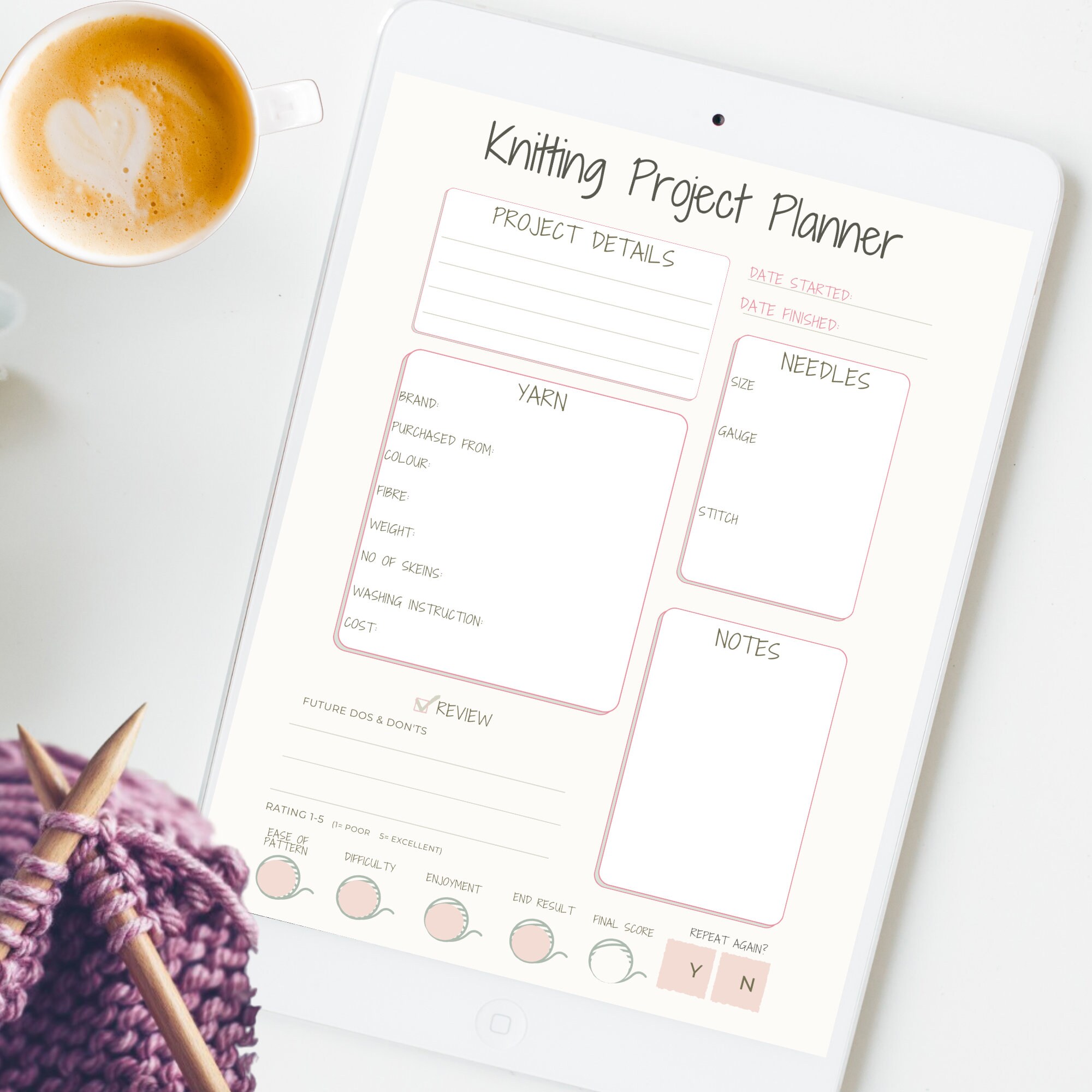 KNITTING PLANNER Page Minimalist Knitting Printable Planner Editable ...