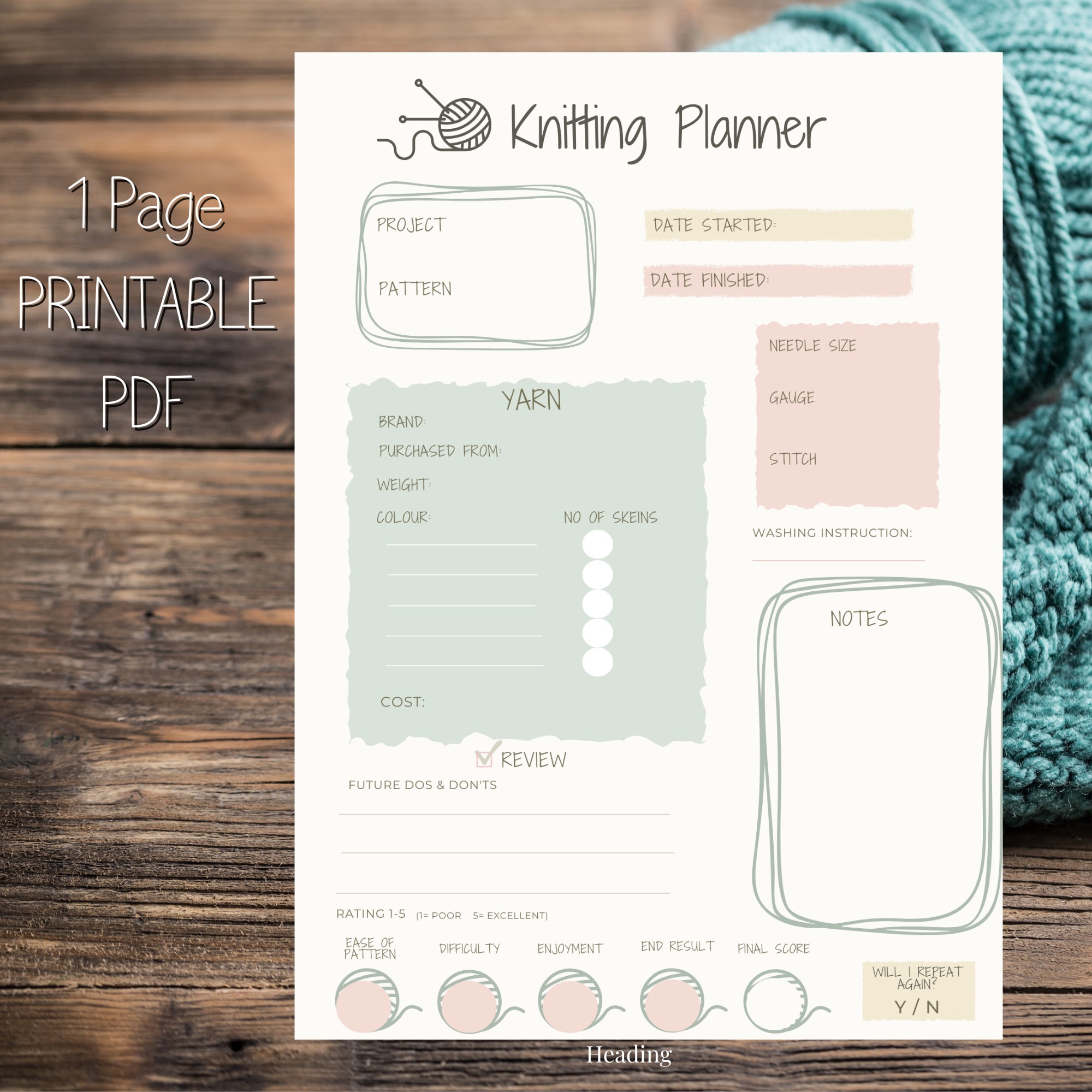 PRINTABLE Knitting Planner Page for Knitting Project Planner Boho ...