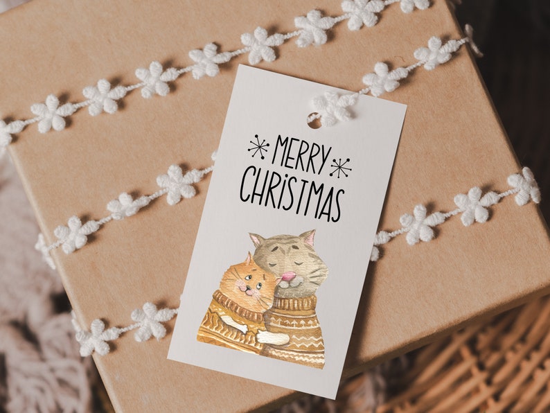 Printable Christmas Tag Printable Watercolor Christmas Label Cute Cats ...