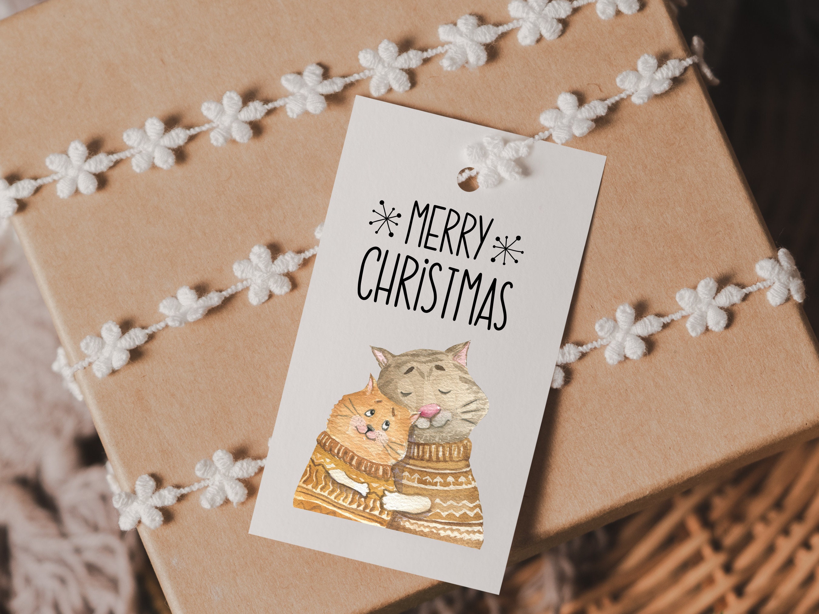 Printable Christmas Tag Printable Watercolor Christmas Label Cute Cats ...