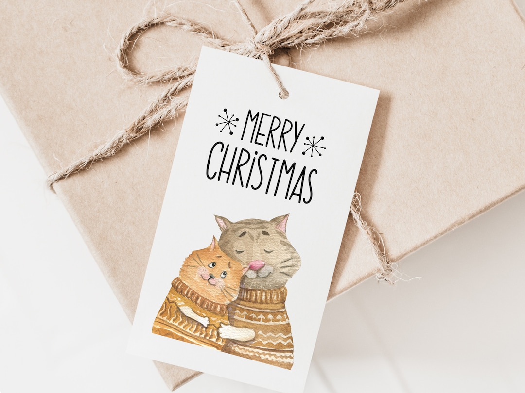 Printable Christmas Tag Printable Watercolor Christmas Label Cute Cats ...