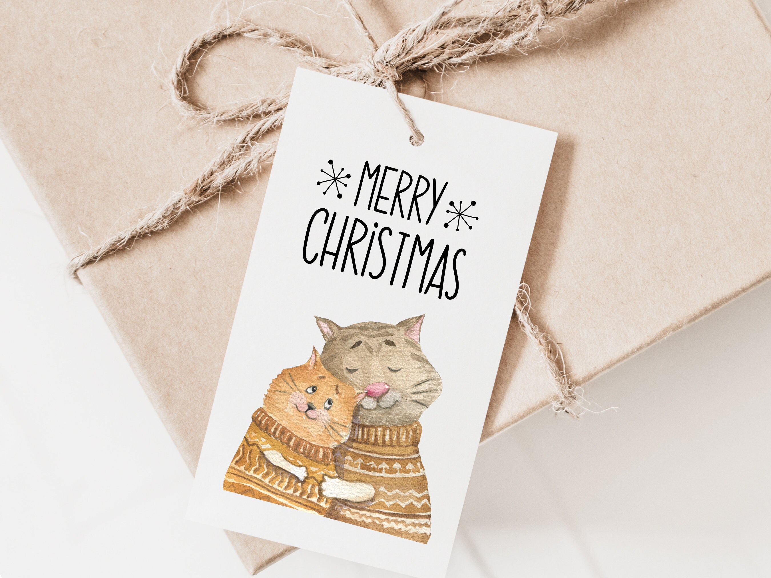 Printable Christmas Tag Printable Watercolor Christmas Label Cute Cats ...