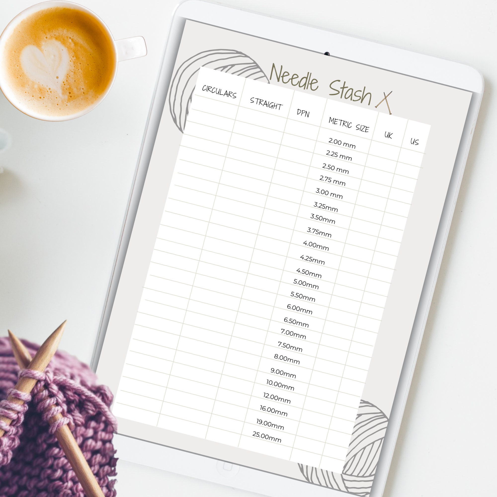 Knitting Needle Inventory Printable and Fillable PDF- Downloadable ...